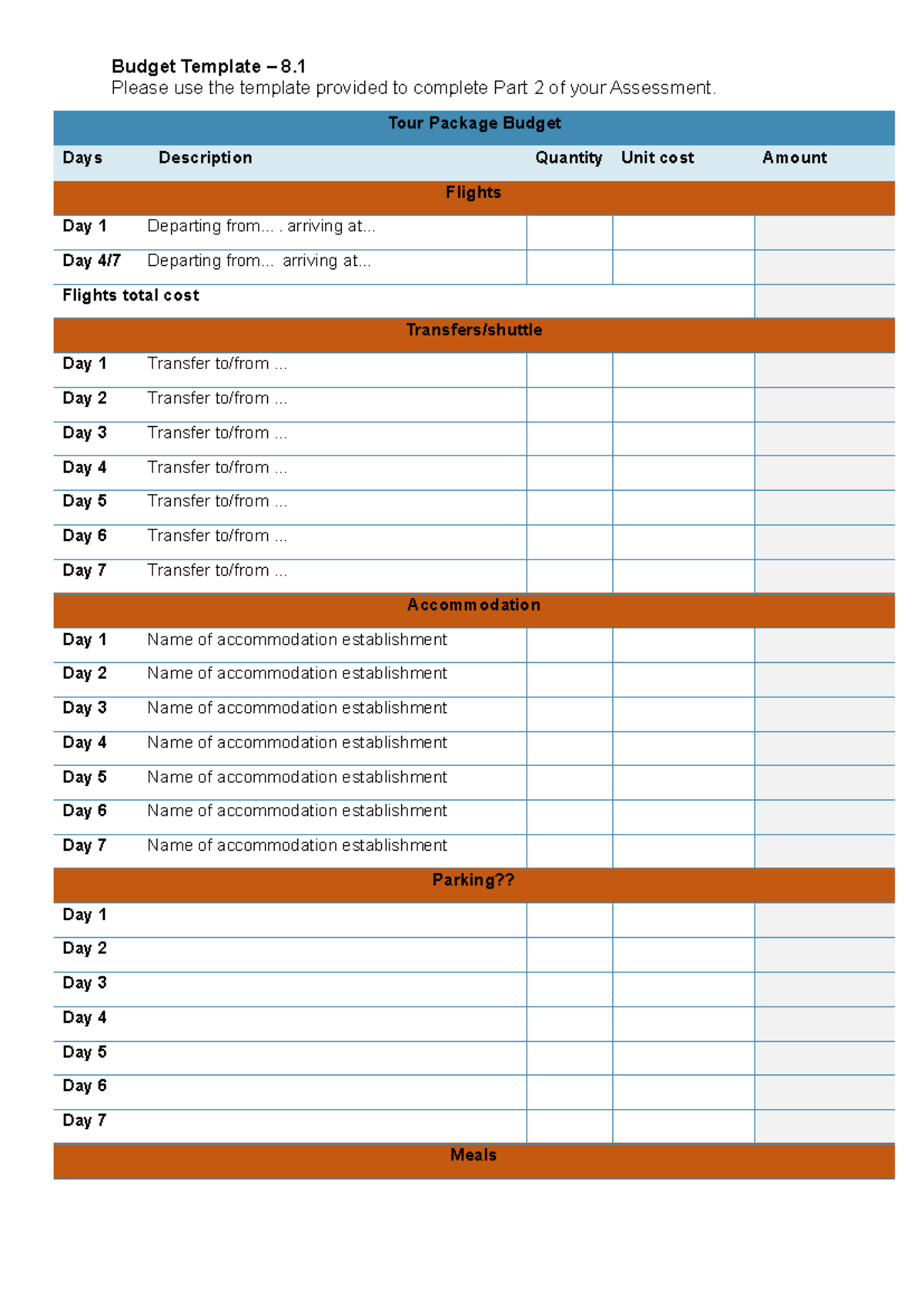 Tour Budget Template for Assessment Part 2 - 8.1 - Studocu