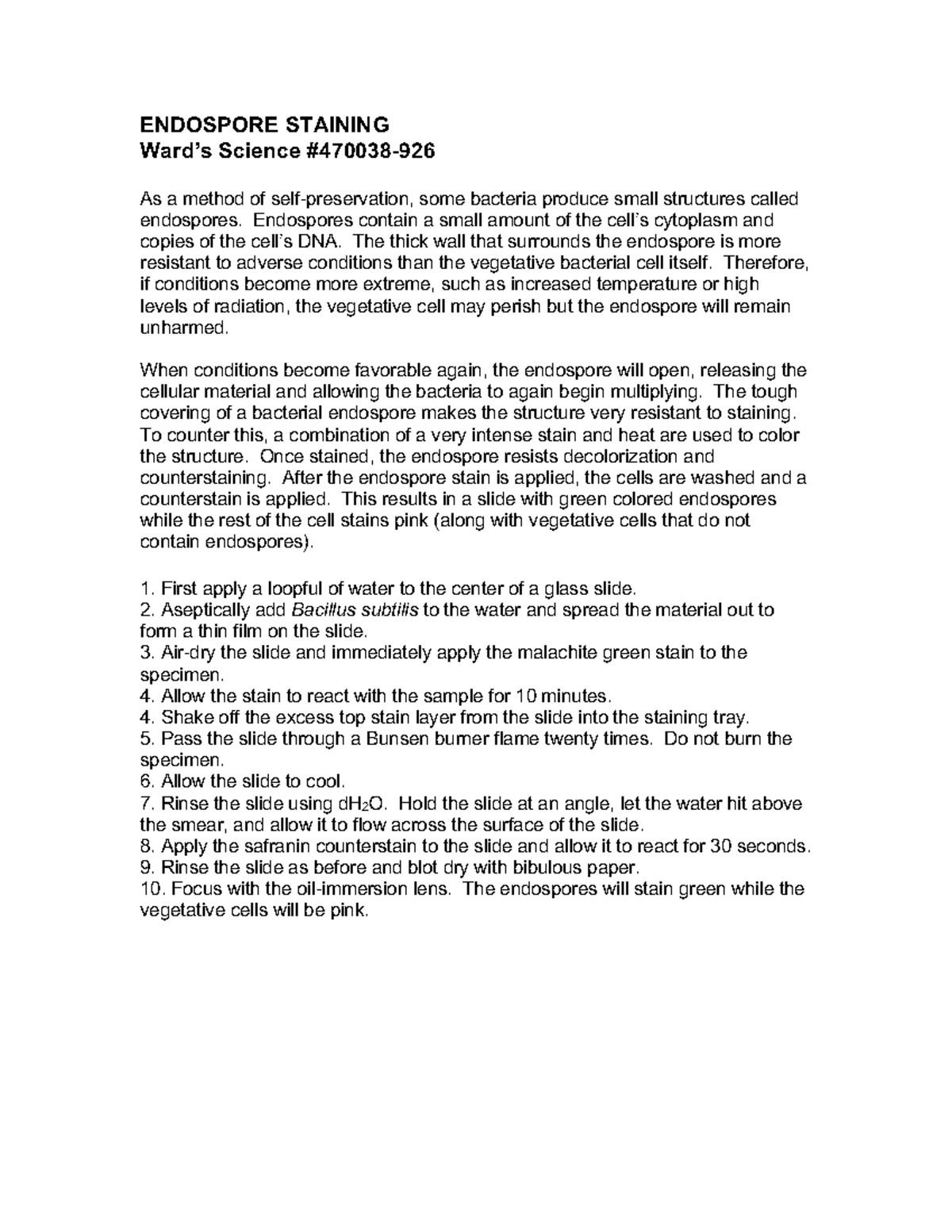 Endospore Staining - ENDOSPORE STAINING Ward’s Science #470038- 926 As ...