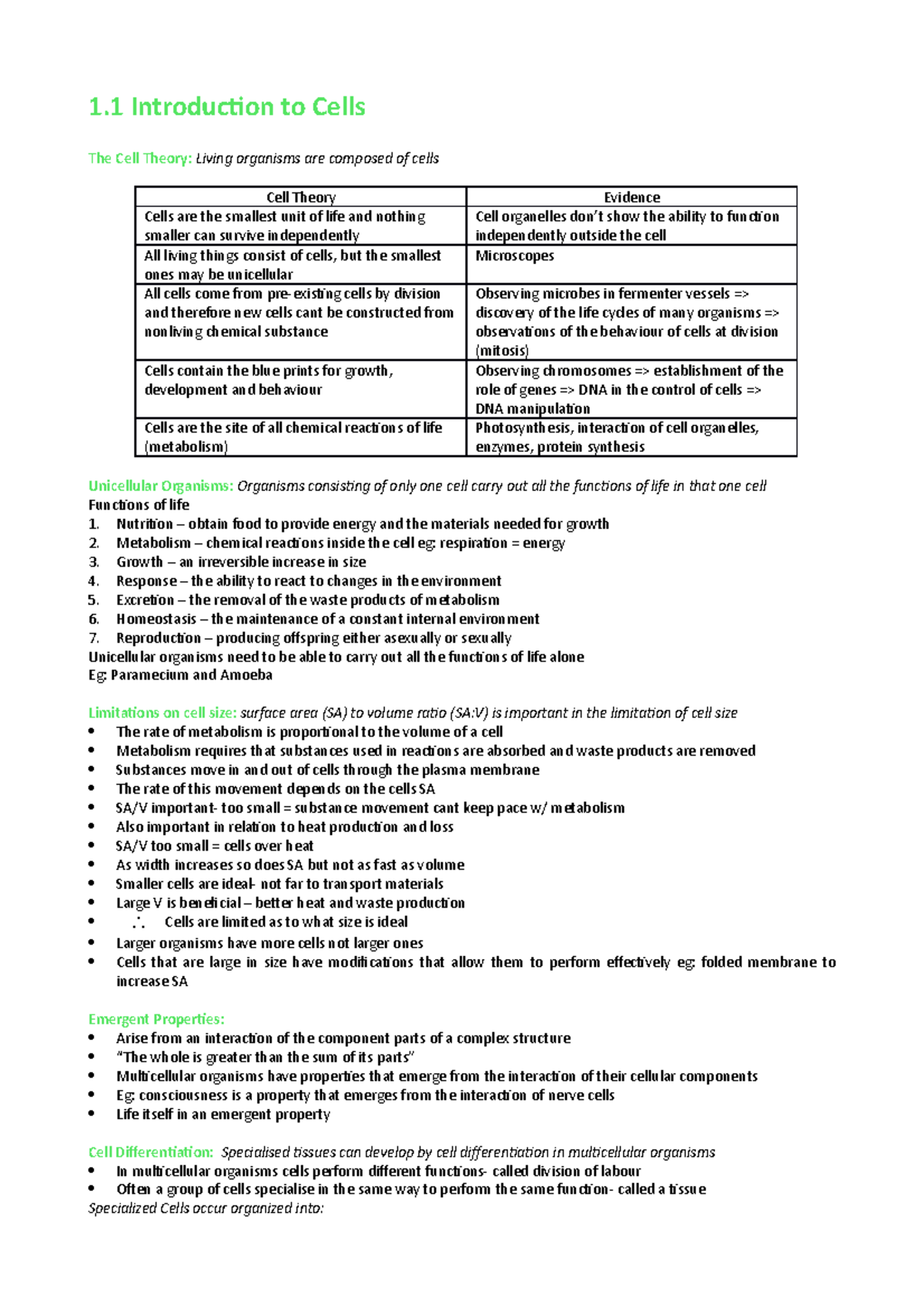 Topic 1 Cells - Lecture notes 1 - 1 Introduction to Cells The Cell ...