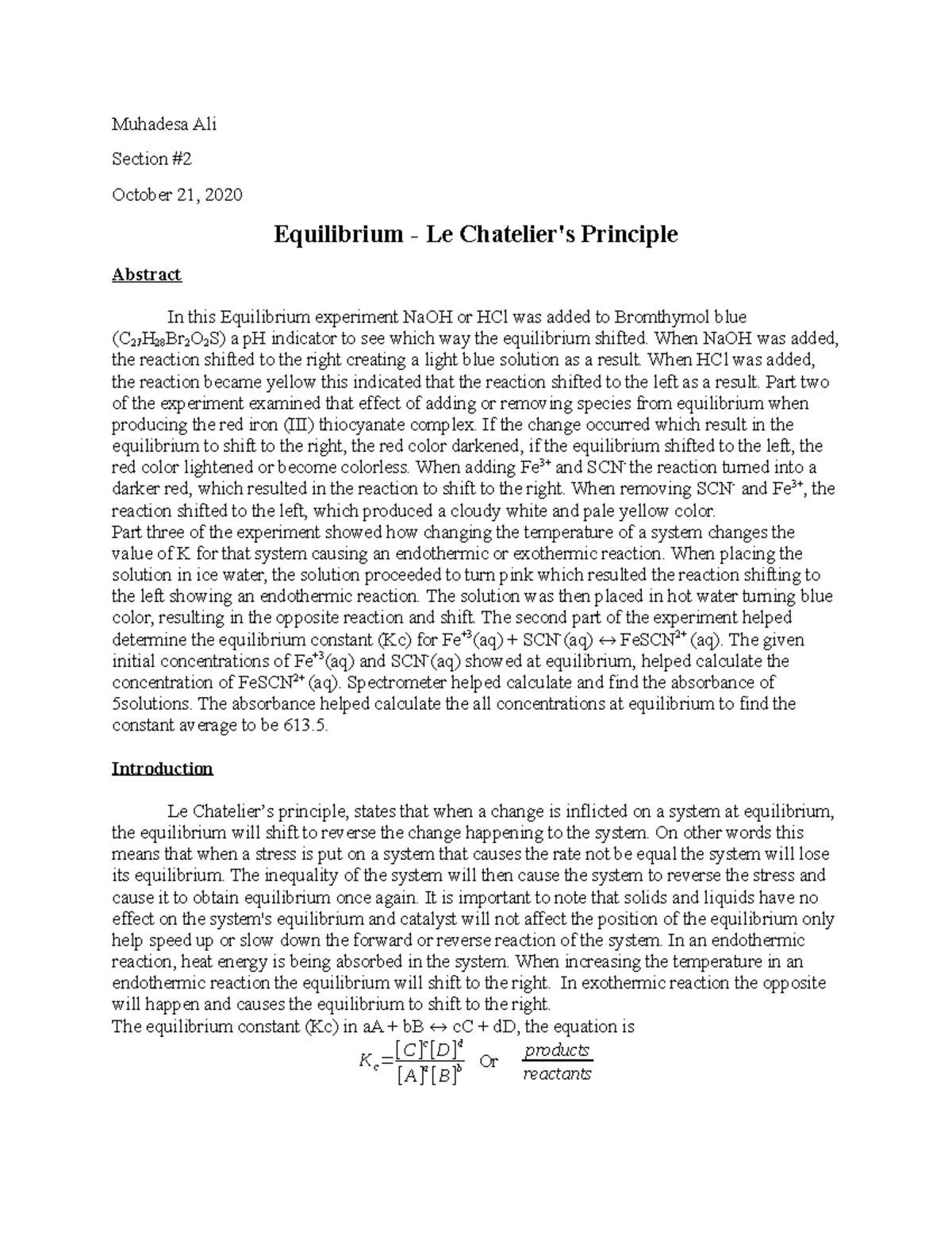 Lab #8 & 10: Exploring Equilibrium with Le Chatelier's Principle - Studocu
