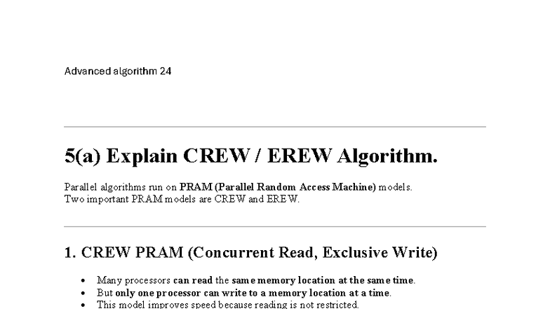 Advanced Algorithms 24: CREW & EREW PRAM Models Explained - Studocu