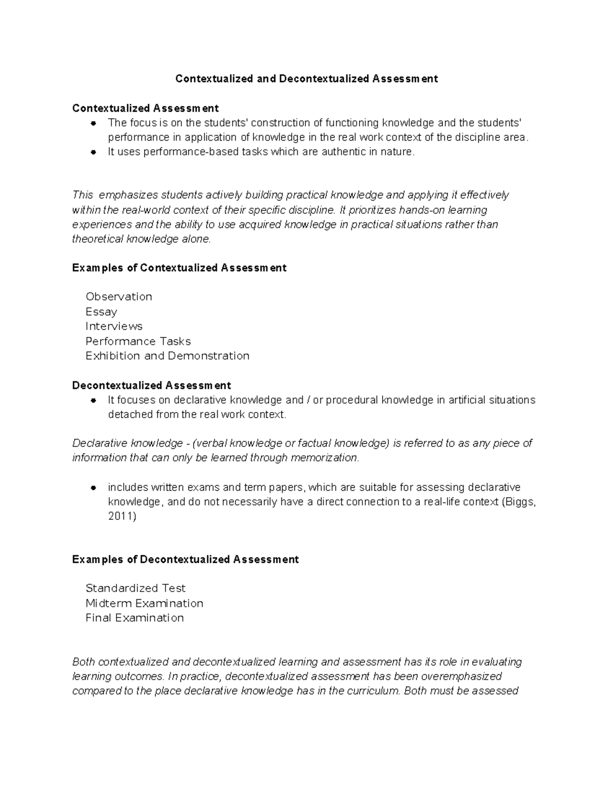 Contextualized vs Decontextualized Assessment Overview for EDU 301 ...