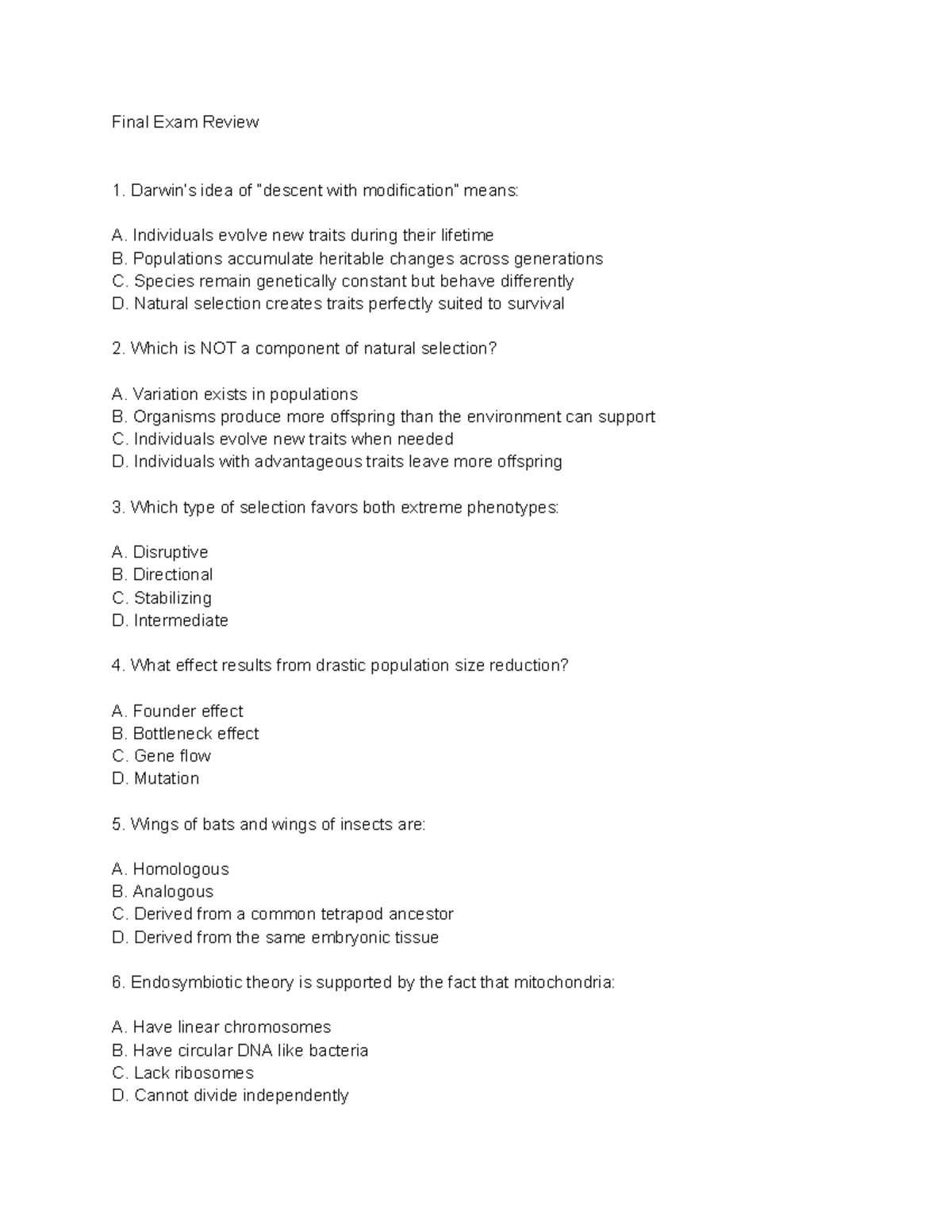 Final Exam Review - Bio 112: Key Concepts and Questions - Studocu