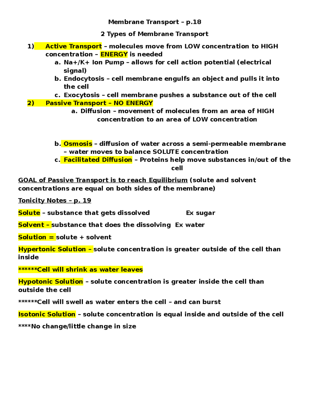 Biology 101: Membrane Transport & Tonicity Notes - Studocu