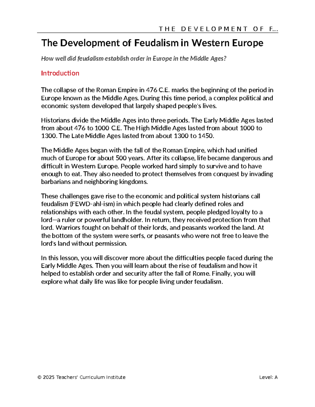 The Development of Feudalism in Western Europe: A Study Guide (Level A ...