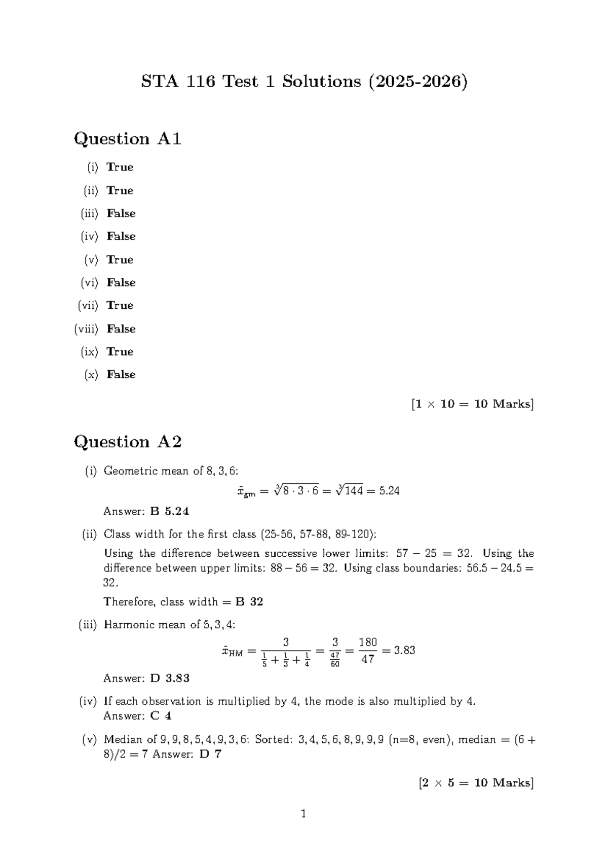 STA 116 Test 1 Solutions: Detailed Answers and Explanations - Studocu