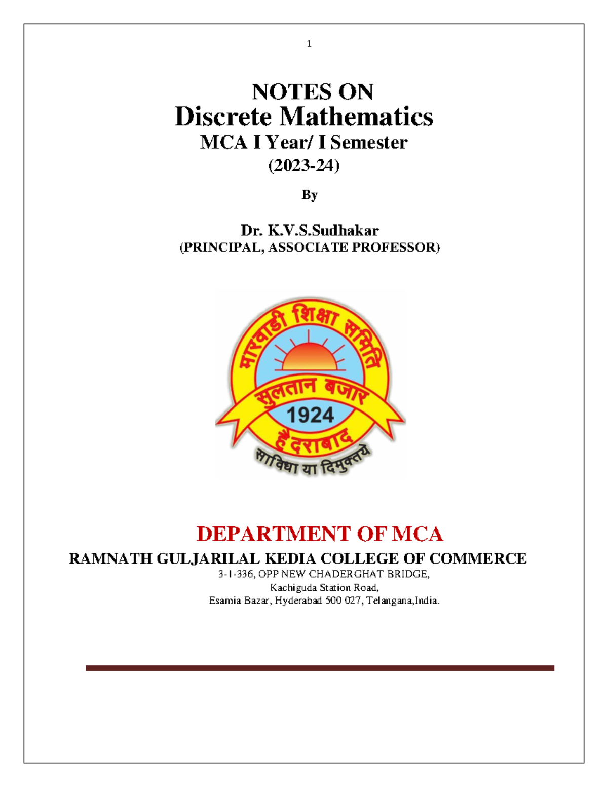 MCA I Semester (PCC101) Final Exam Notes on Discrete Mathematics - Studocu