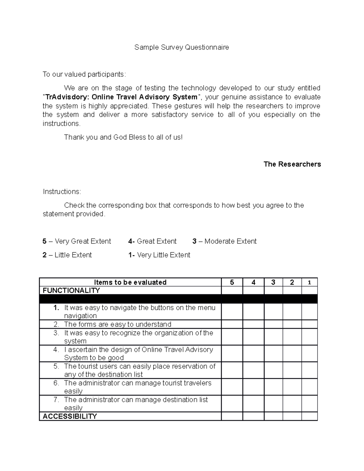 Capstone Project Survey Questionnaire for TrAdvisdory System - Studocu