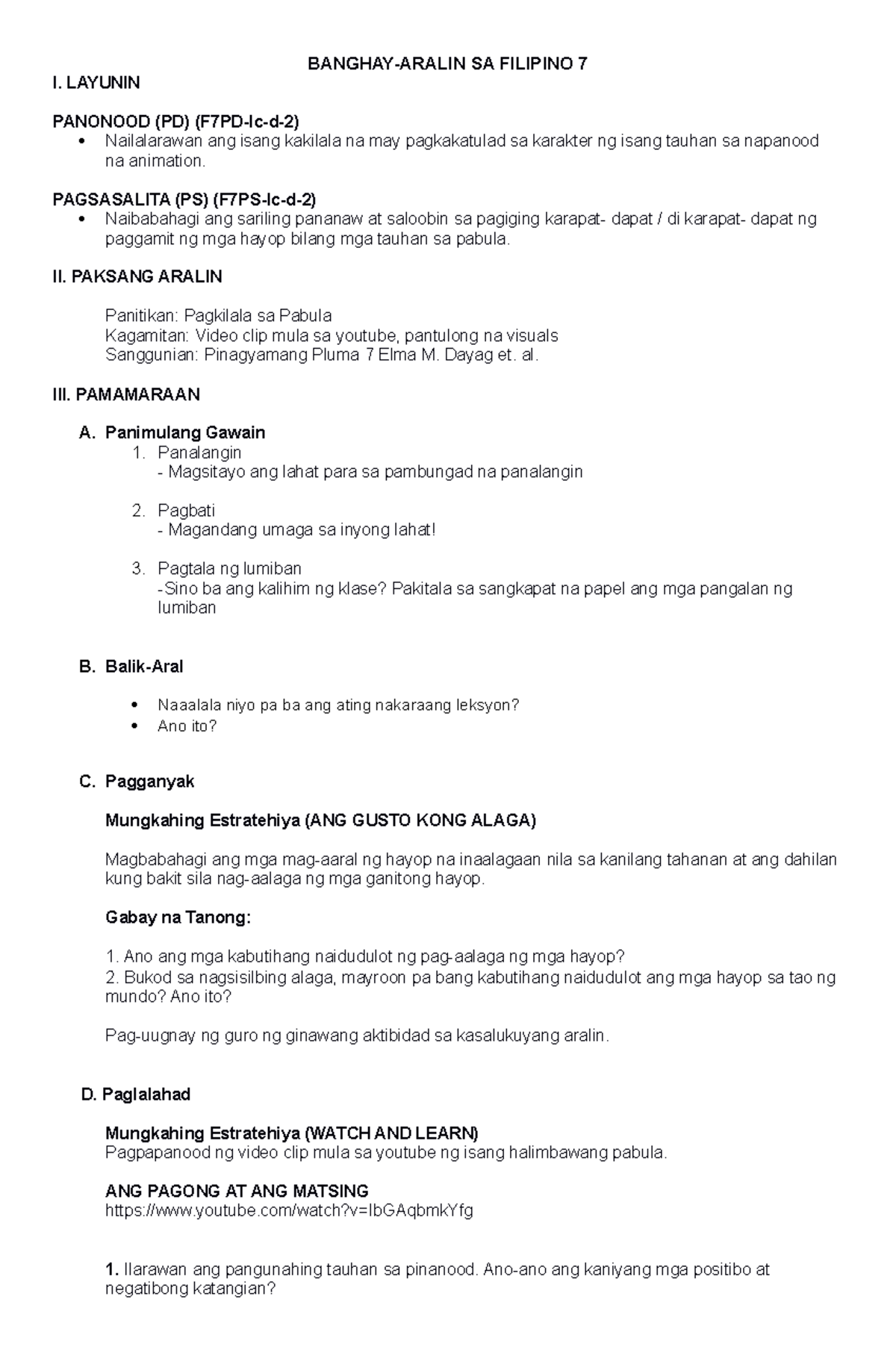 Banghay Aralin sa Filipino 7: Pagkilala sa Pabula - Studocu
