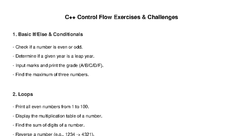 Cpp Control Flow Exercises: Basic Conditionals & Loops - Studocu