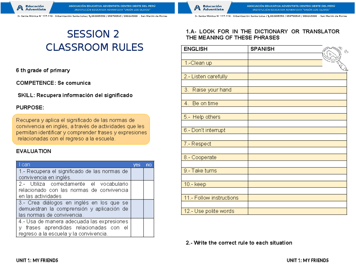 6to Prim - Session 2: Classroom Rules & Phrases in English/Spanish ...