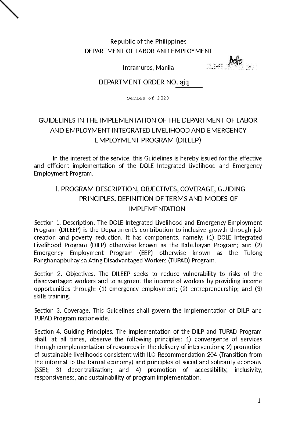 DOLE Department Order No. ajq-2023: Guidelines for DILEEP ...