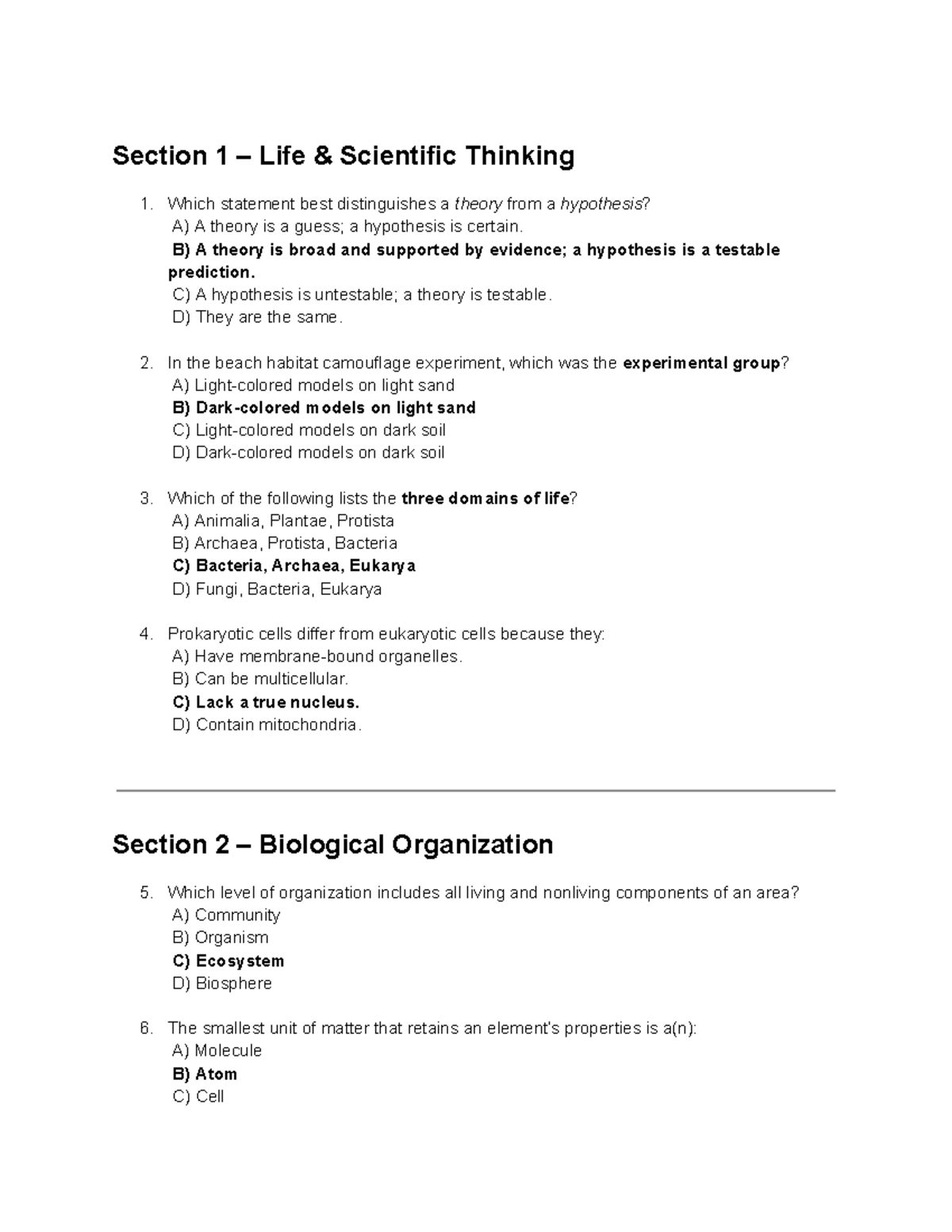 Biology 101 Practice Exam: Sample Questions & Answer Key - Studocu