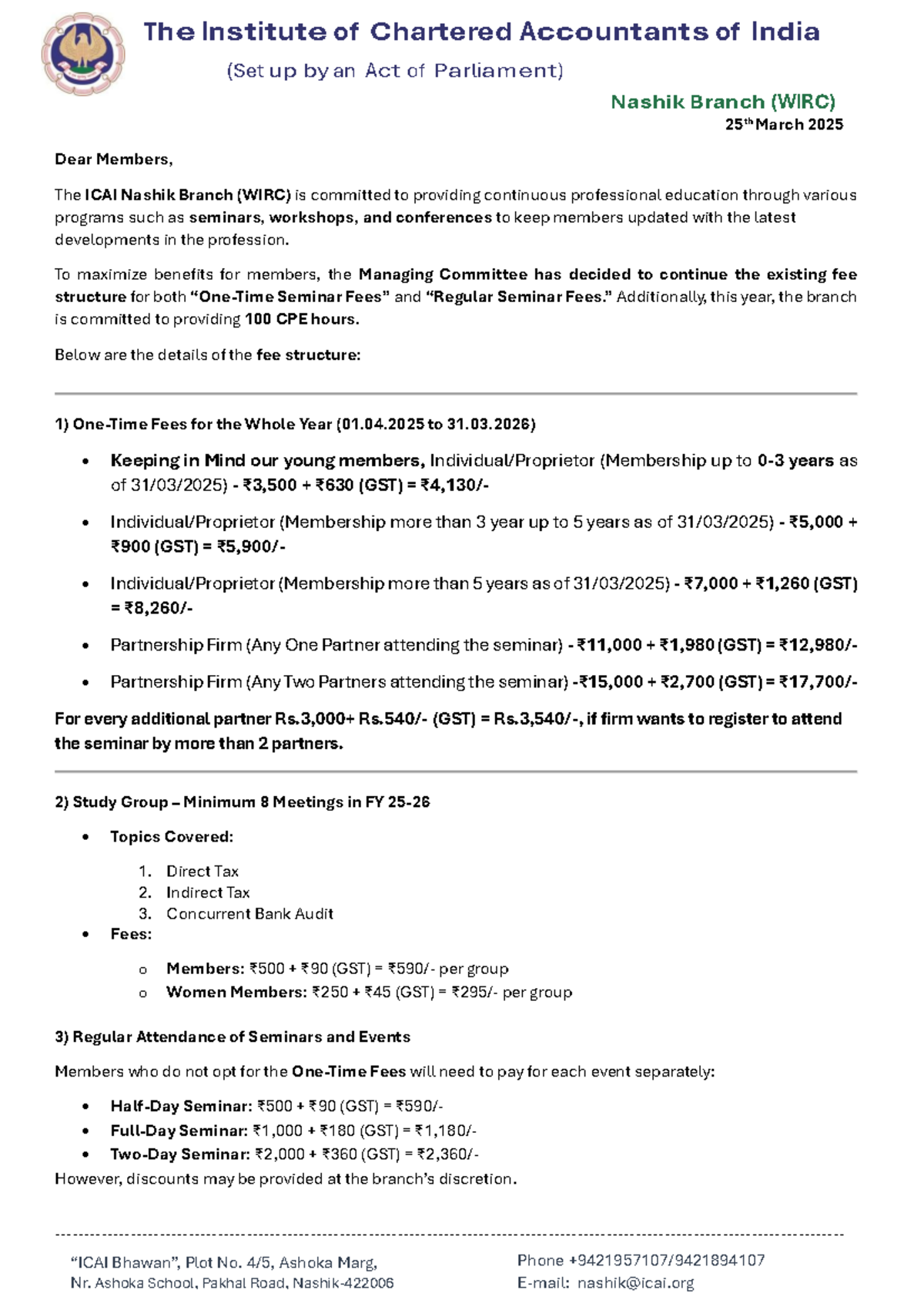 ICAI Nashik Branch Seminar Fee Structure & CPE Hours for FY 2025-26 ...