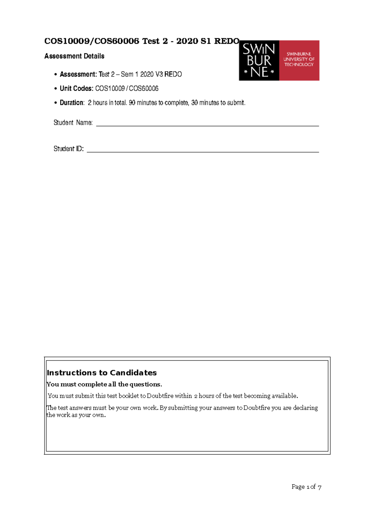 COS10009/COS60006 Test 2 - Sem 1 2020 V3 REDO Instructions - Studocu