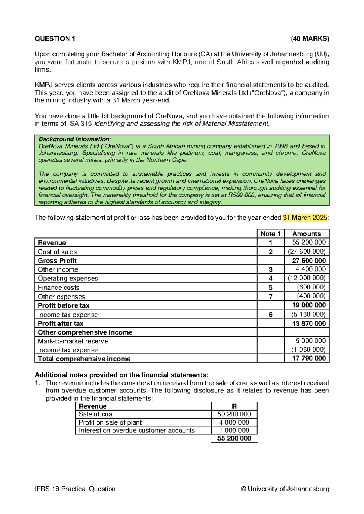 Accounting 300 - IFRS 18 Practical Question on OreNova Audit - Studocu