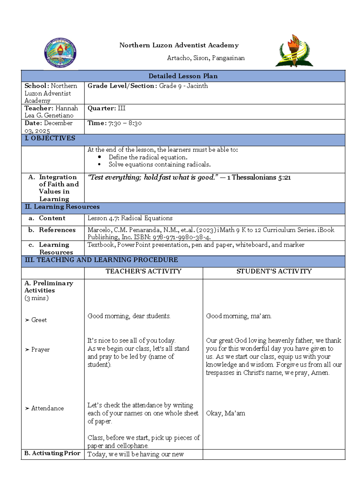 Grade 9 Lesson Plan: Understanding Radical Equations - Studocu