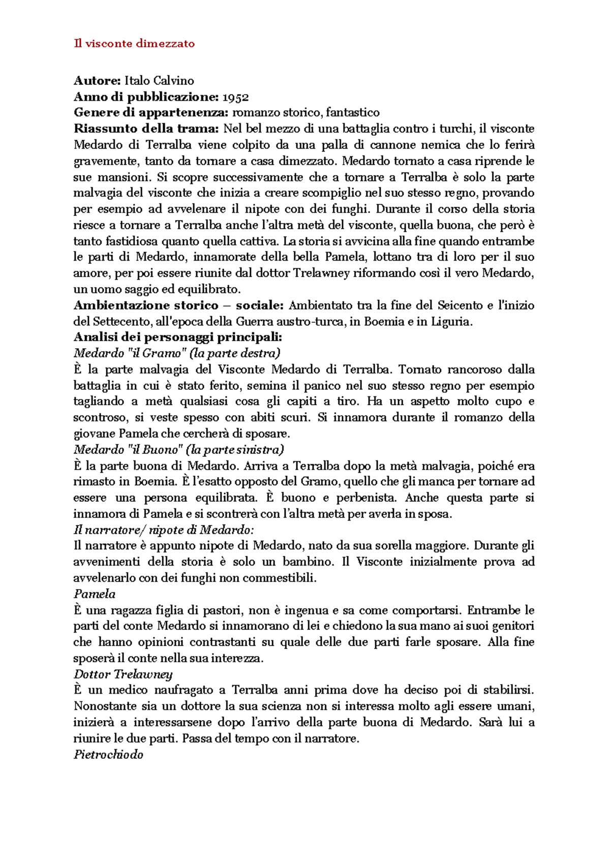 Il visconte dimezzato: Analisi e Riassunto del Romanzo di Calvino - Studocu