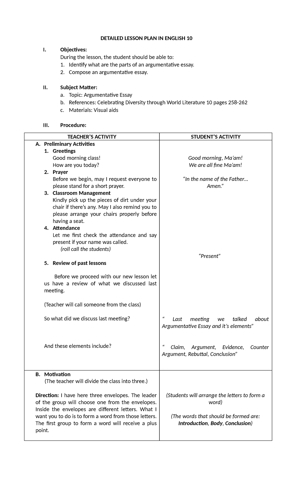 Parts of Argumentative Essay DLP ENG10: Detailed Lesson Plan - Studocu
