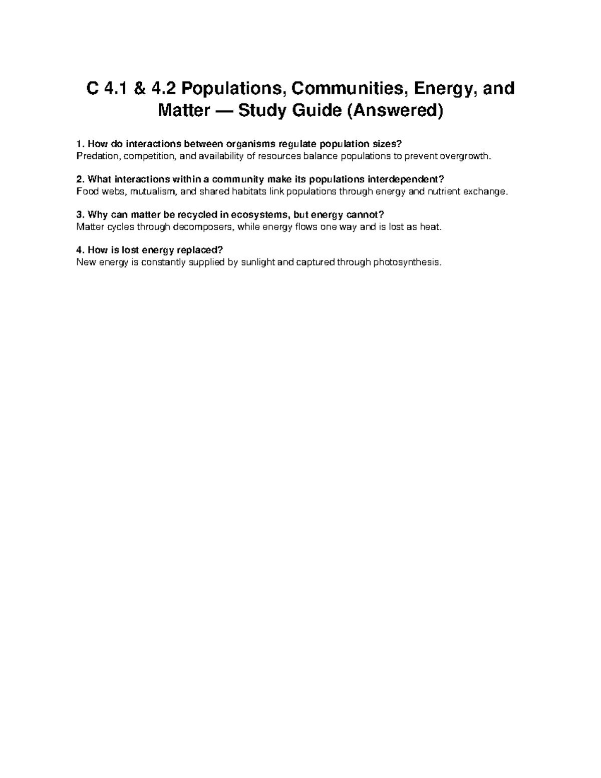 C 4 - Populations, Communities, Energy, and Matter Study Guide - Studocu