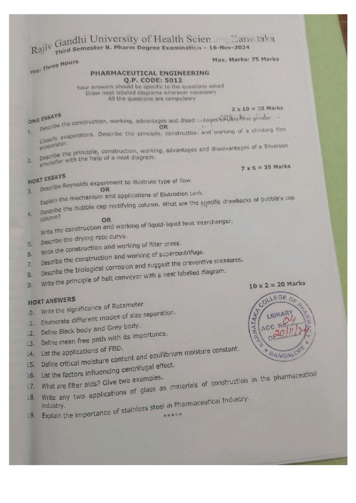 Pharmaceutical engineering exam notes for B. Pharm 3rd semester (Q.P ...