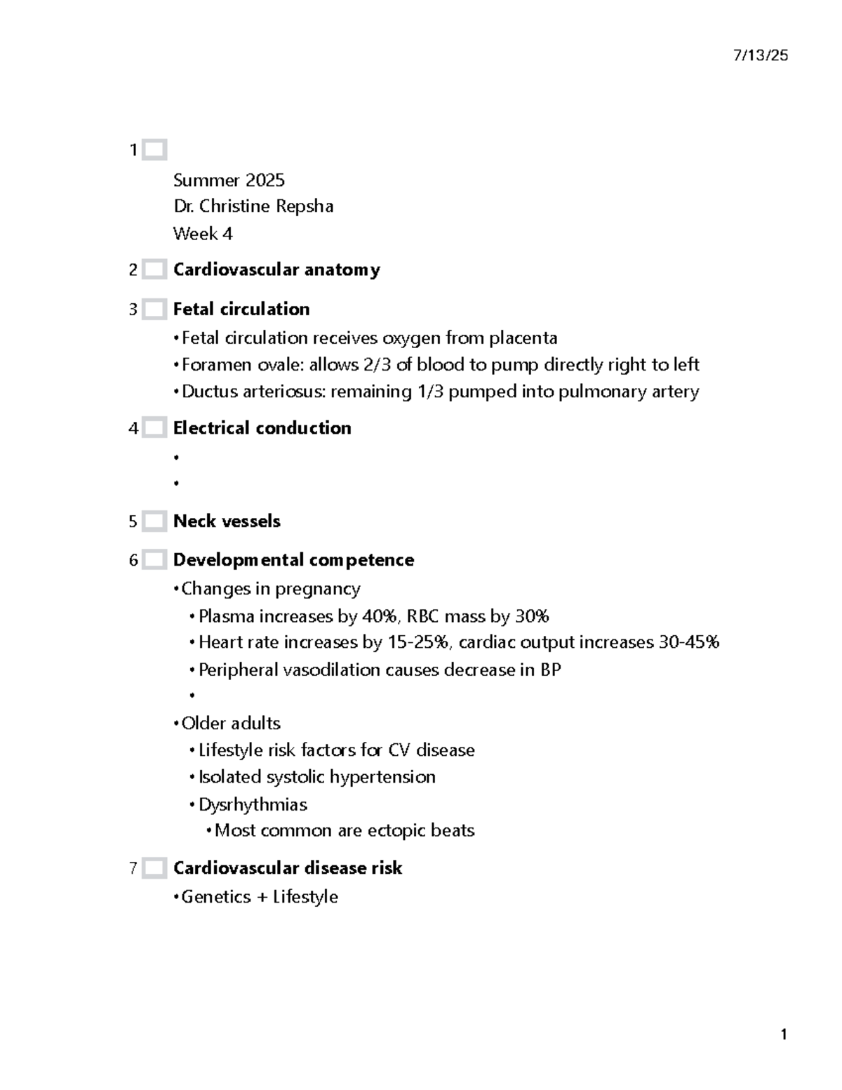 Outline for Cardiac & Peripheral Vascular Anatomy - Summer 2025 - Studocu