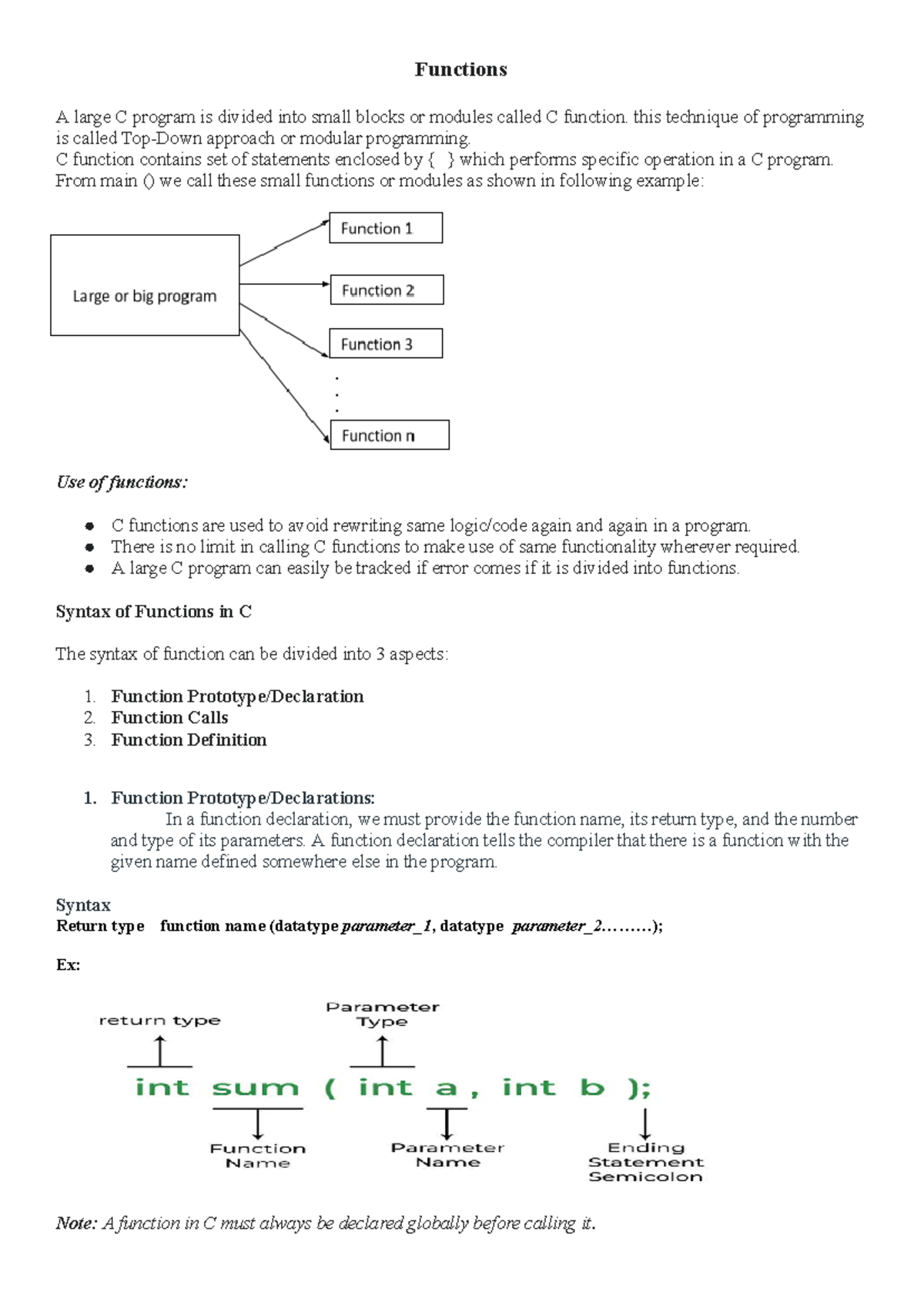 Functions in C Programming: Modular Approach and Syntax - Studocu