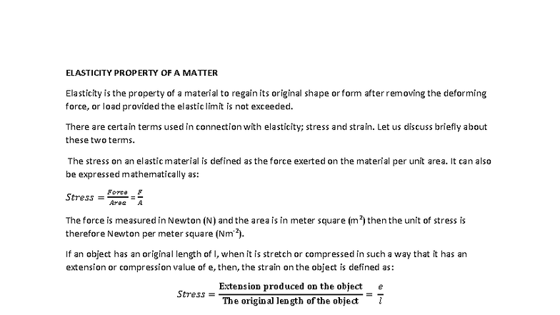 Elasticity Property of Matter: Understanding Stress and Strain - Studocu