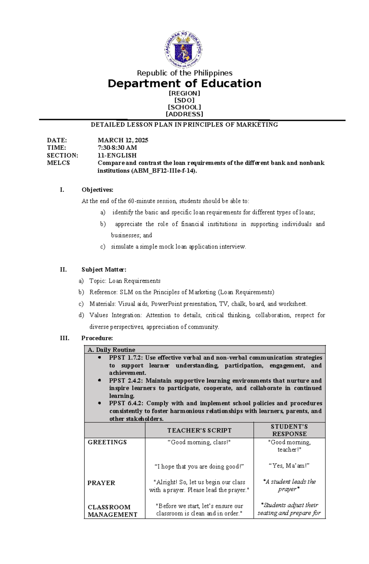 POM-LP-Loan Requirements for G11: Detailed Lesson Plan - Studocu