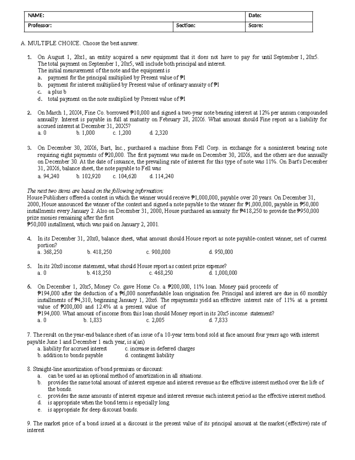 A4 Notes and Bonds: Multiple Choice Questions and Answers - Studocu