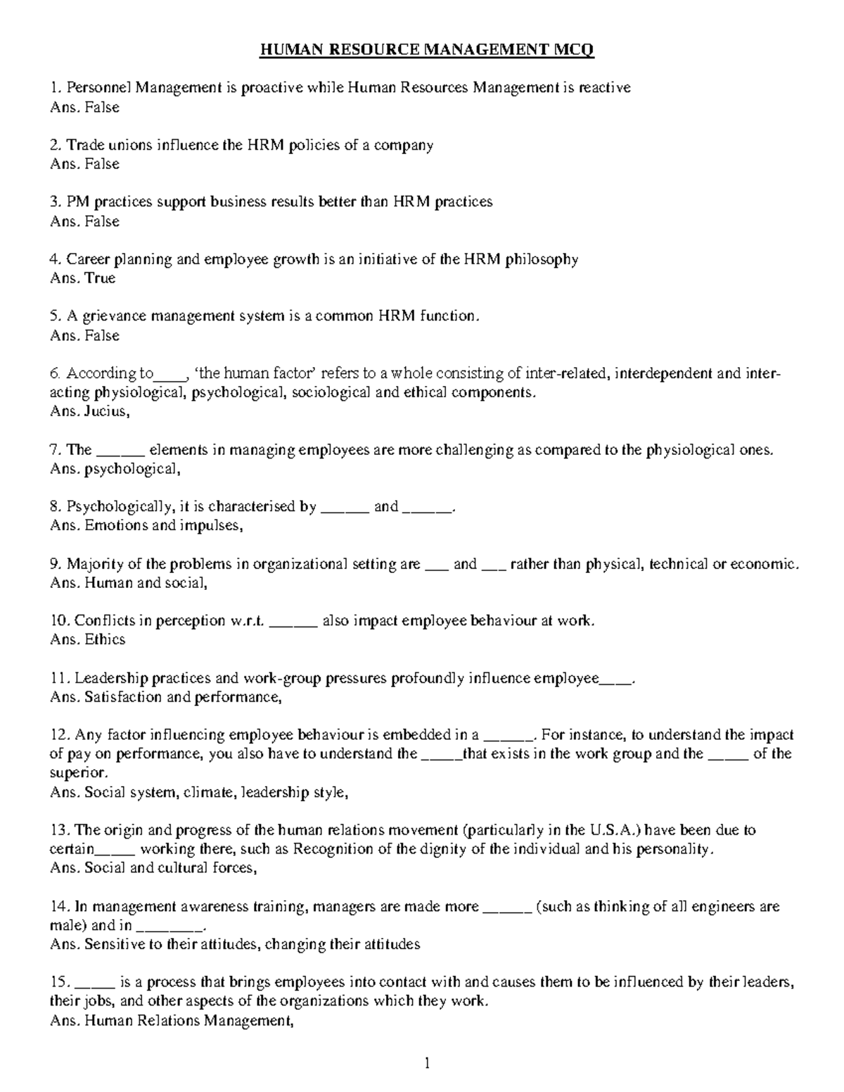 Human Resource Management MCQ Practice Questions Simplified - Studocu