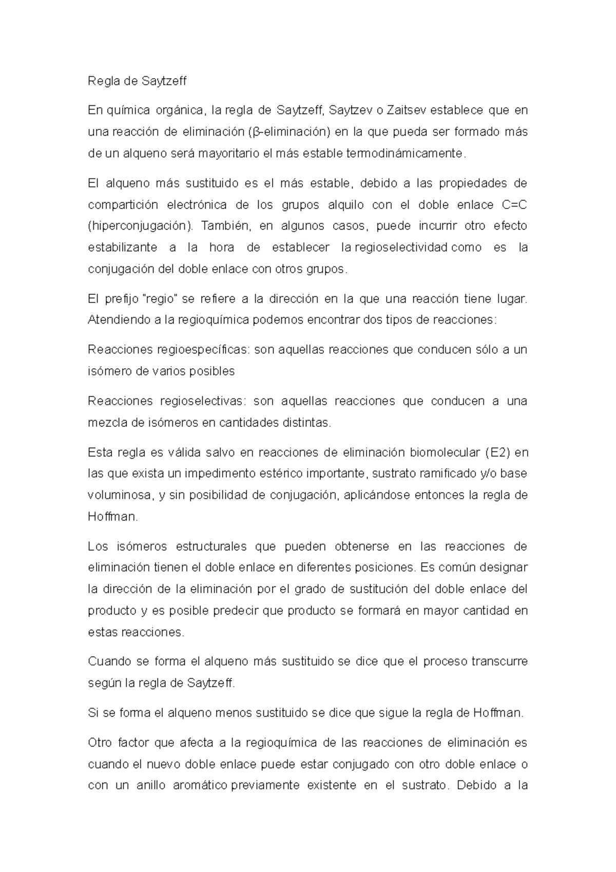 Regla de Saytzeff: Reacciones de Eliminación en Química Orgánica - Studocu