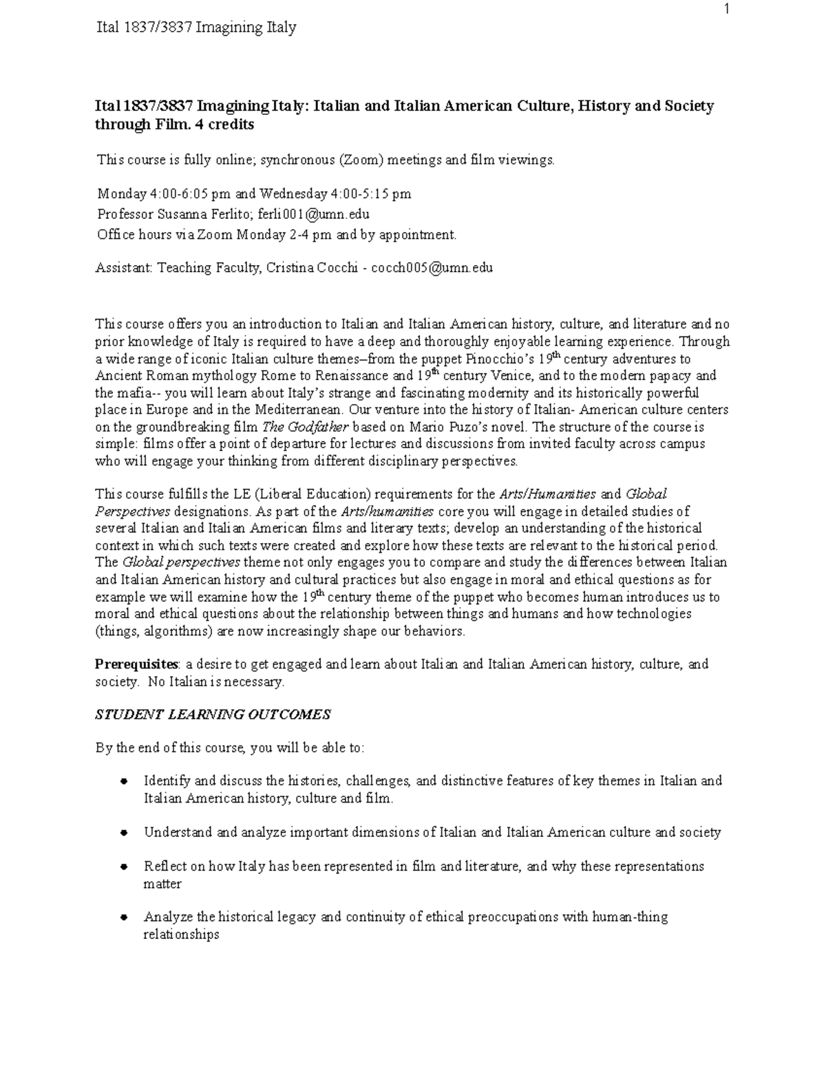 Ital 3837: Imagining Italy - Syllabus for Spring 2026 Course - Studocu