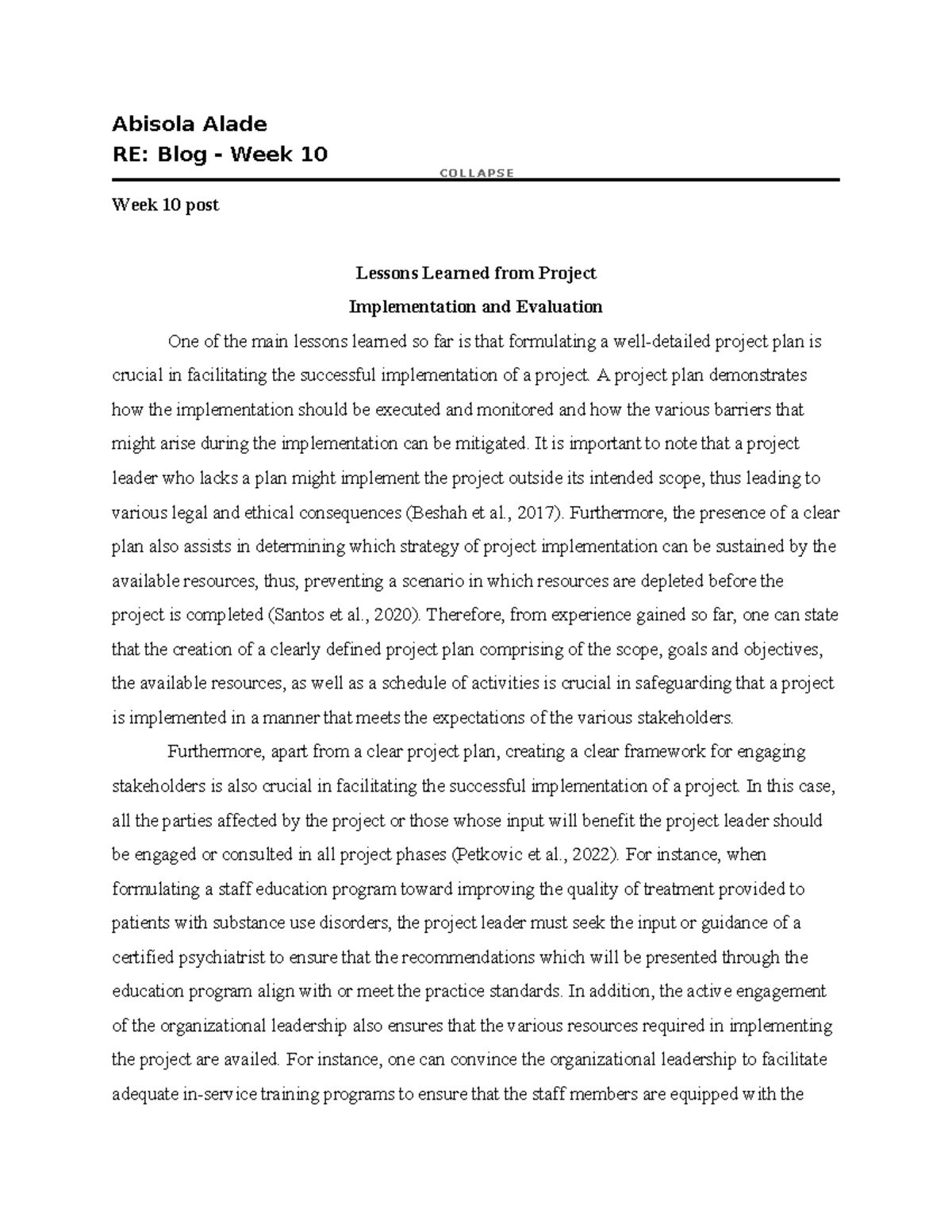 Lessons Learned from Project Implementation - COL LA PS E Week 10 - Studocu