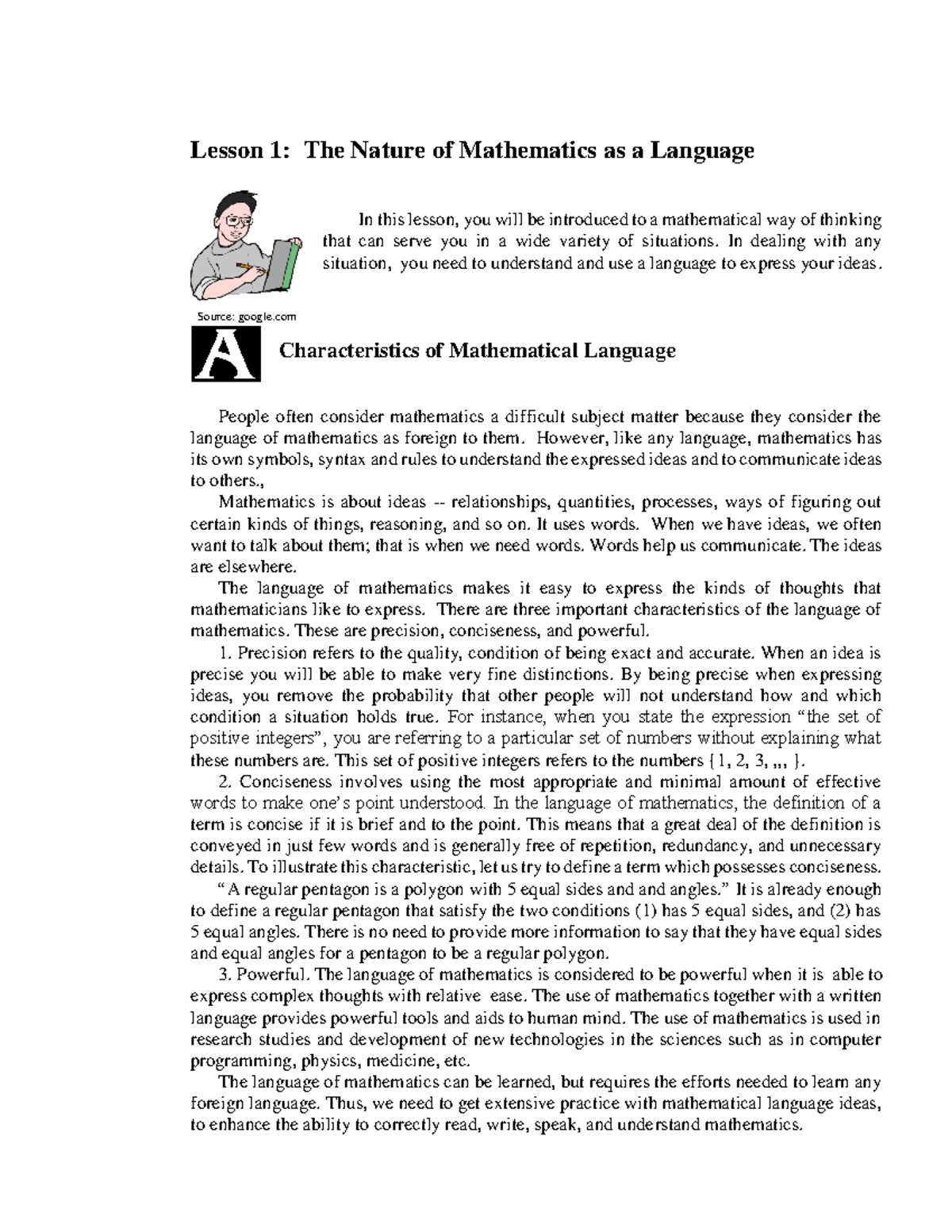 Lesson 1: Exploring the Nature of Mathematics as Language - Studocu
