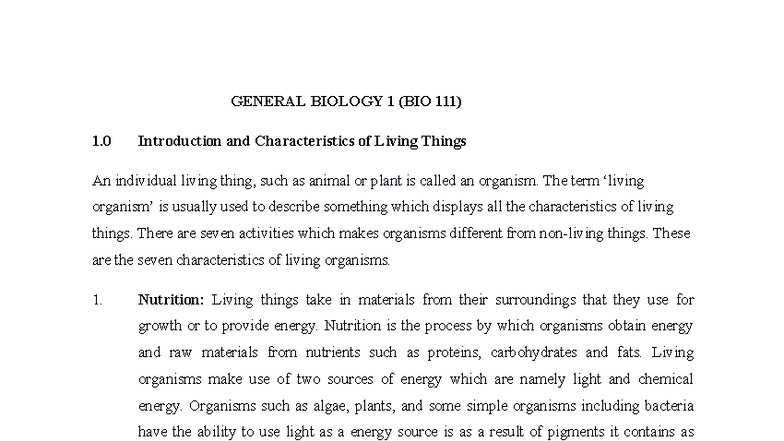 BIO 111 General Biology 1: Characteristics of Living Organisms - Studocu