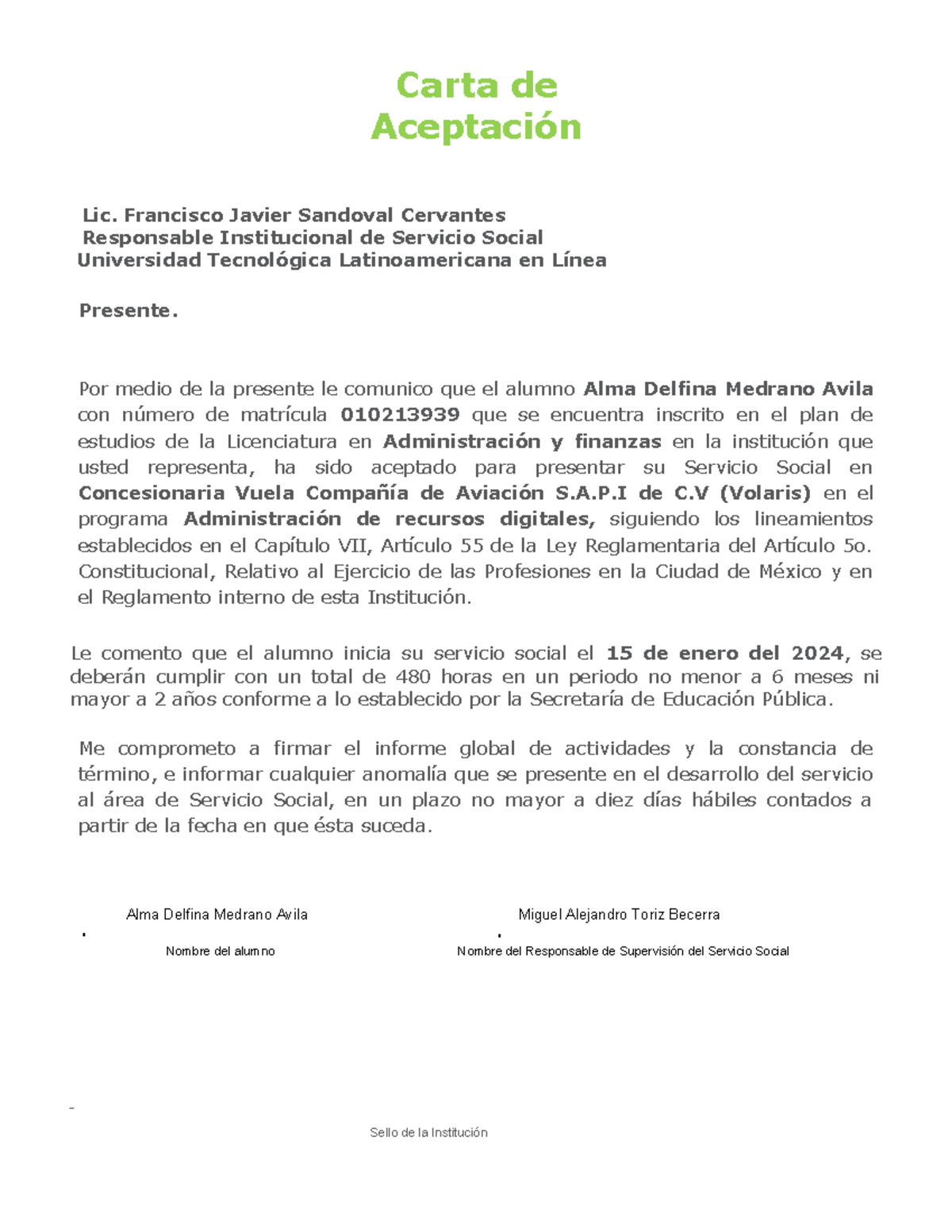 Carta de Aceptación de Servicio Social - Lic. en Adm. y Finanzas - Studocu