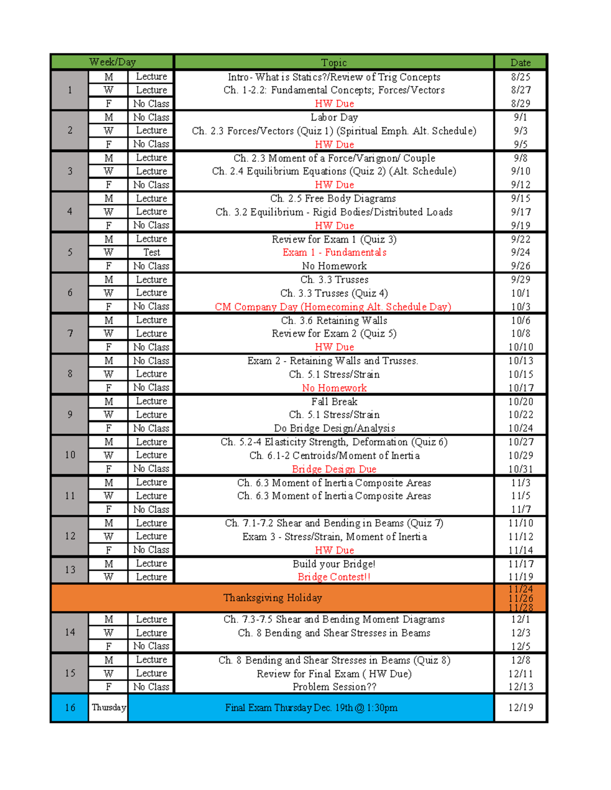 Statics Strengths Lecture Schedule & Exam Overview (ENG 101) - Studocu