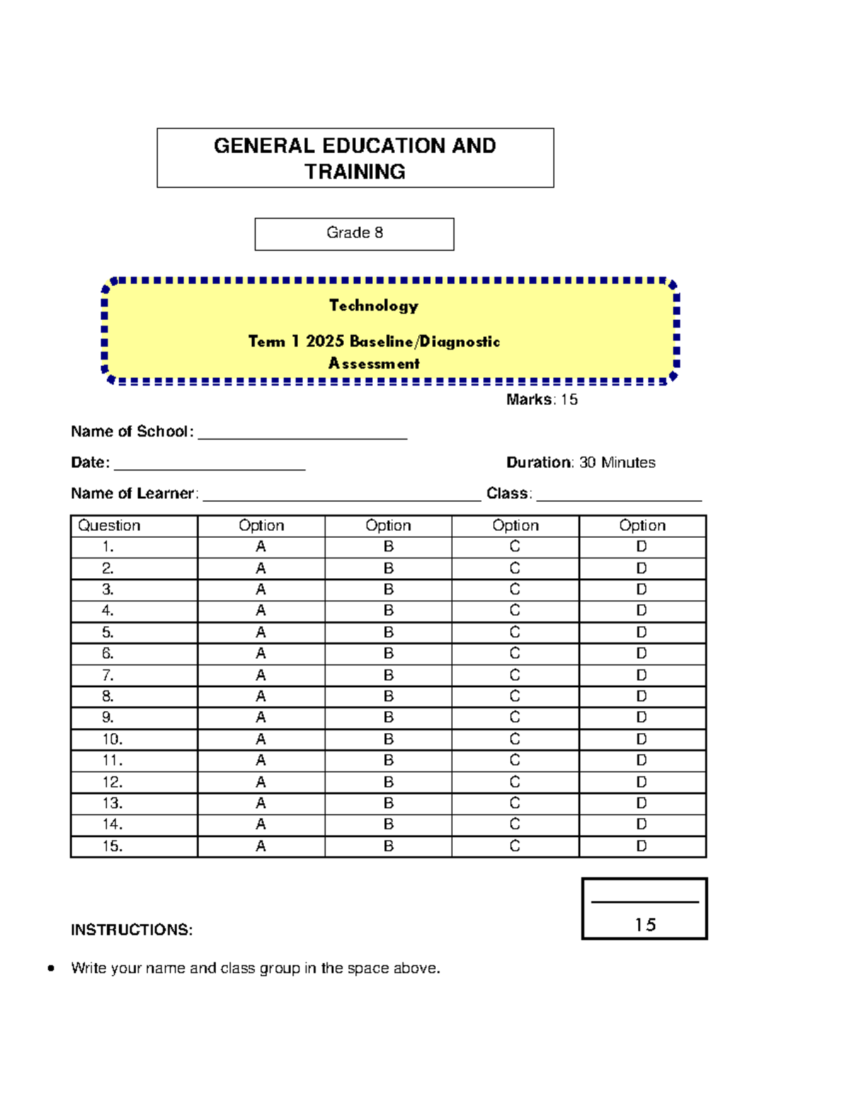 Grade 8 Term 1 Baseline Assessment - Diagnostic Task 2025 - Studocu