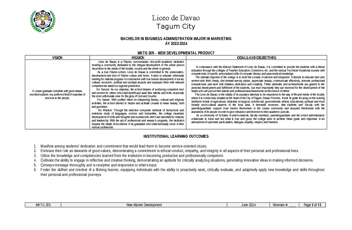 Syllabus - New Developmental Marketing - Tagum City BACHELOR IN ...