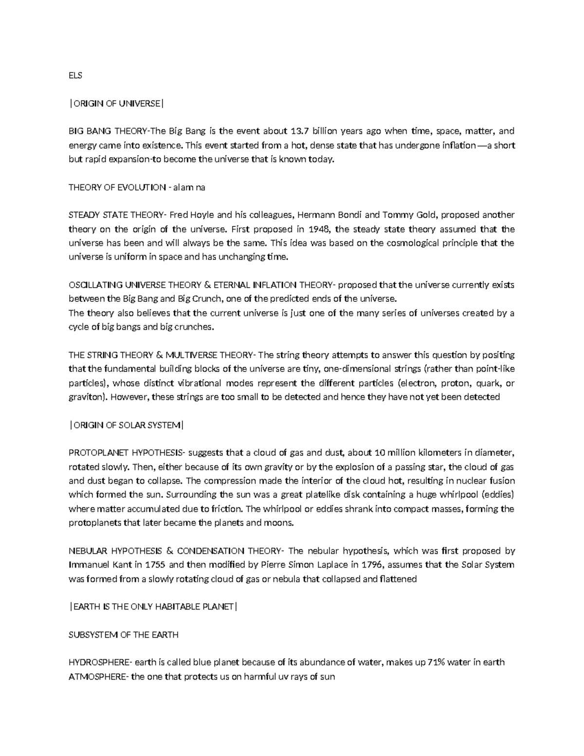 ELS 101: Summary of the Big Bang and Cosmic Theories - Studocu
