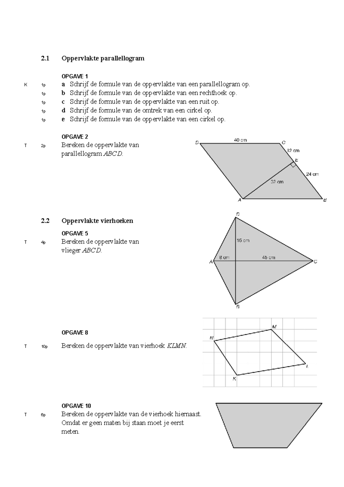 2Mavo H2 Werkblad: Oppervlakte van Parallellogram en Vierhoeken ...