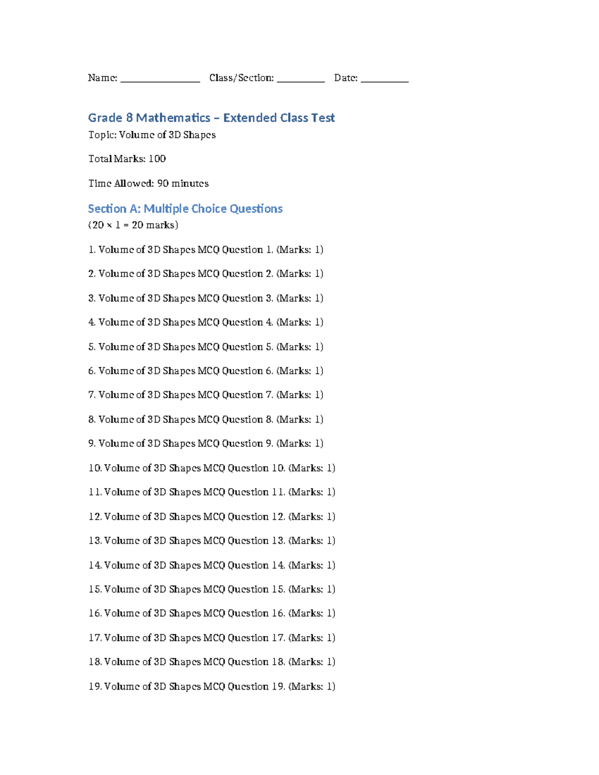 Grade 8 Mathematics Extended Test: Volume of 3D Shapes - Studocu