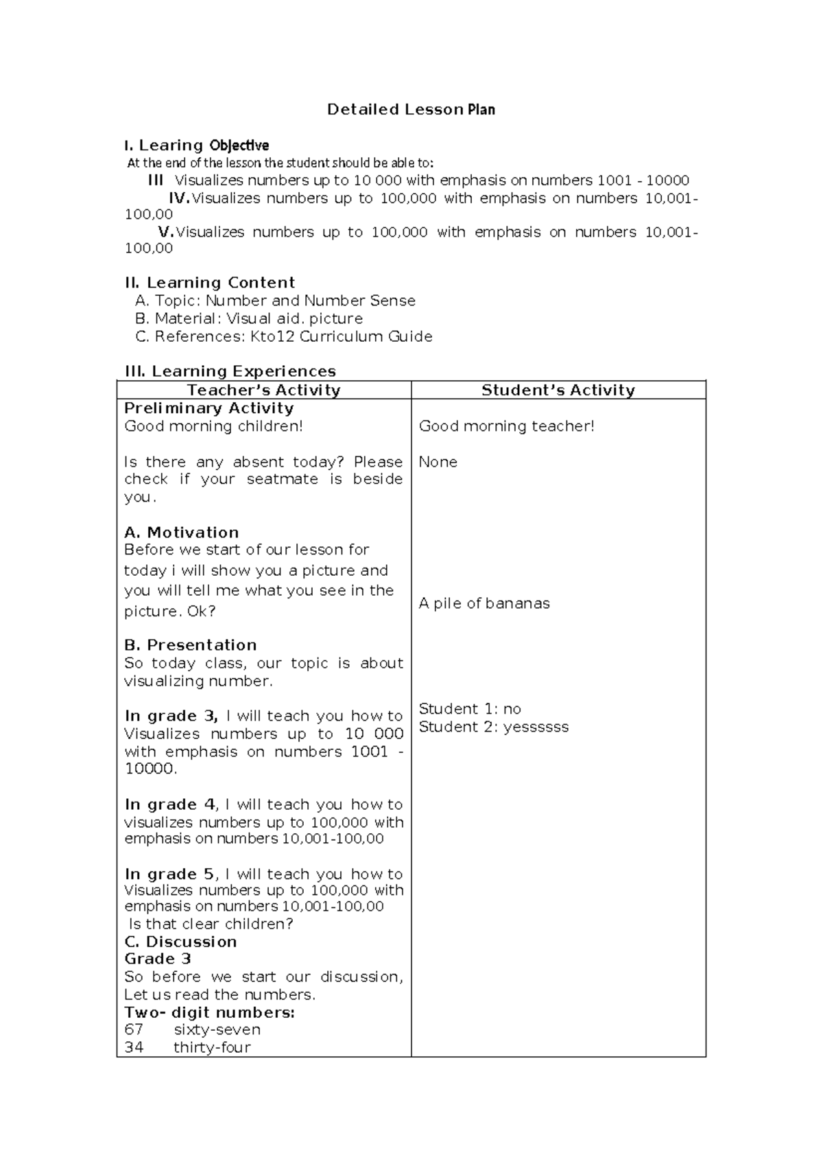 Semi-Detailed Lesson Plan: Visualizing Numbers (Grade 3-5) - Studocu
