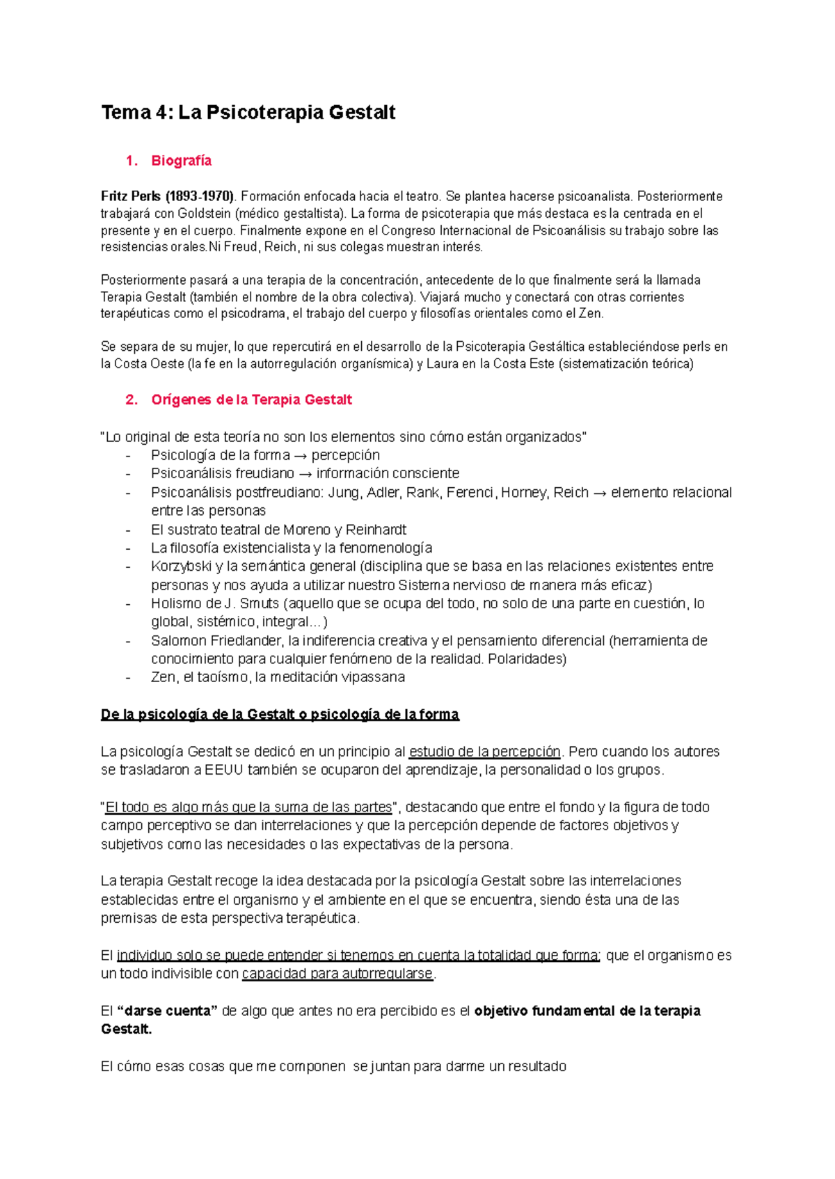 Tema 4: Psicoterapia Gestalt y Biografía de Fritz Perls - Studocu