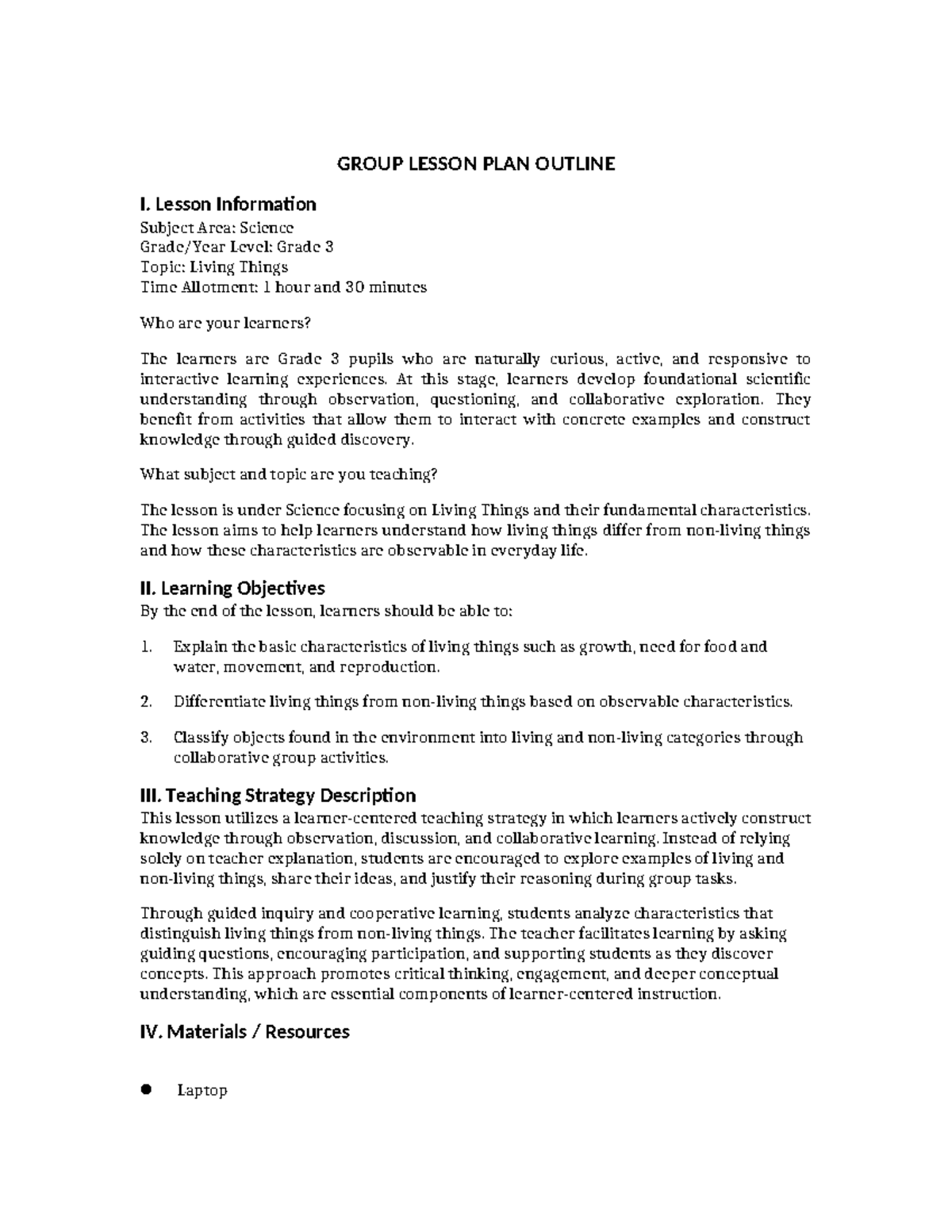 Grade 3 Science Lesson Plan: Exploring Living Things - Studocu