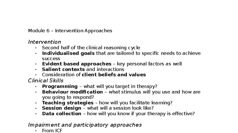 Module 6 - Intervention Approaches: Tailored Clinical Strategies - Studocu