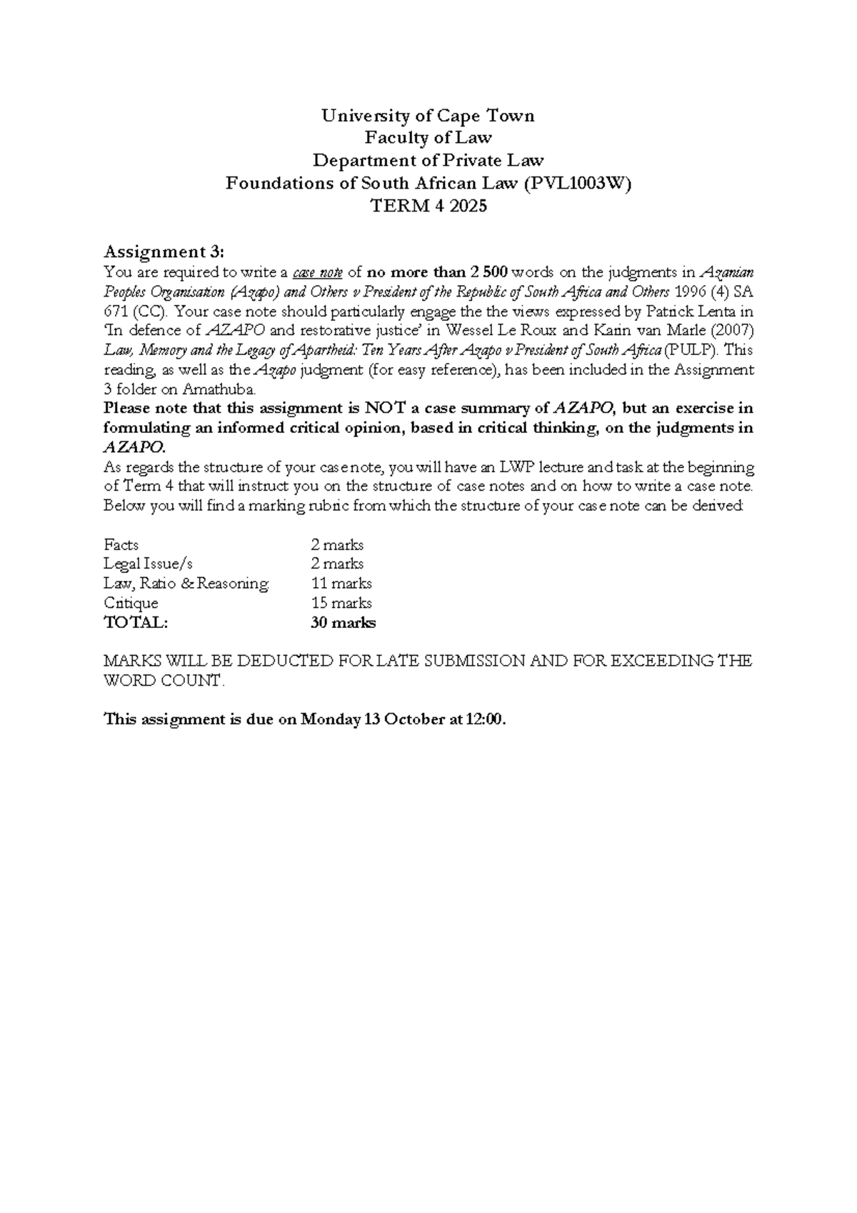 Case Note on Azapo v President of South Africa (PVL1003W) - Assignment ...