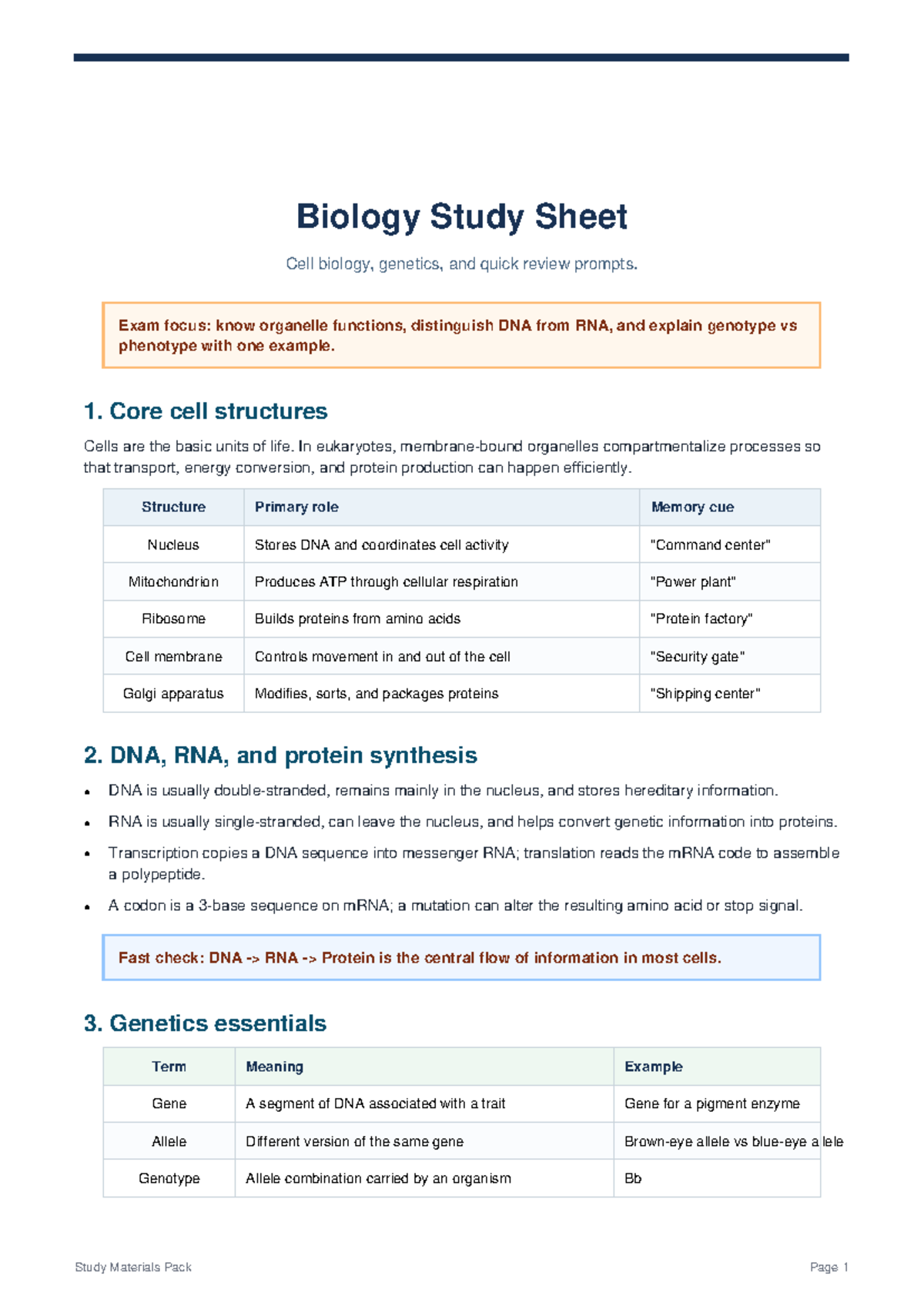 Biology Study Sheet: Cell Bio & Genetics Review for Exam - Studocu