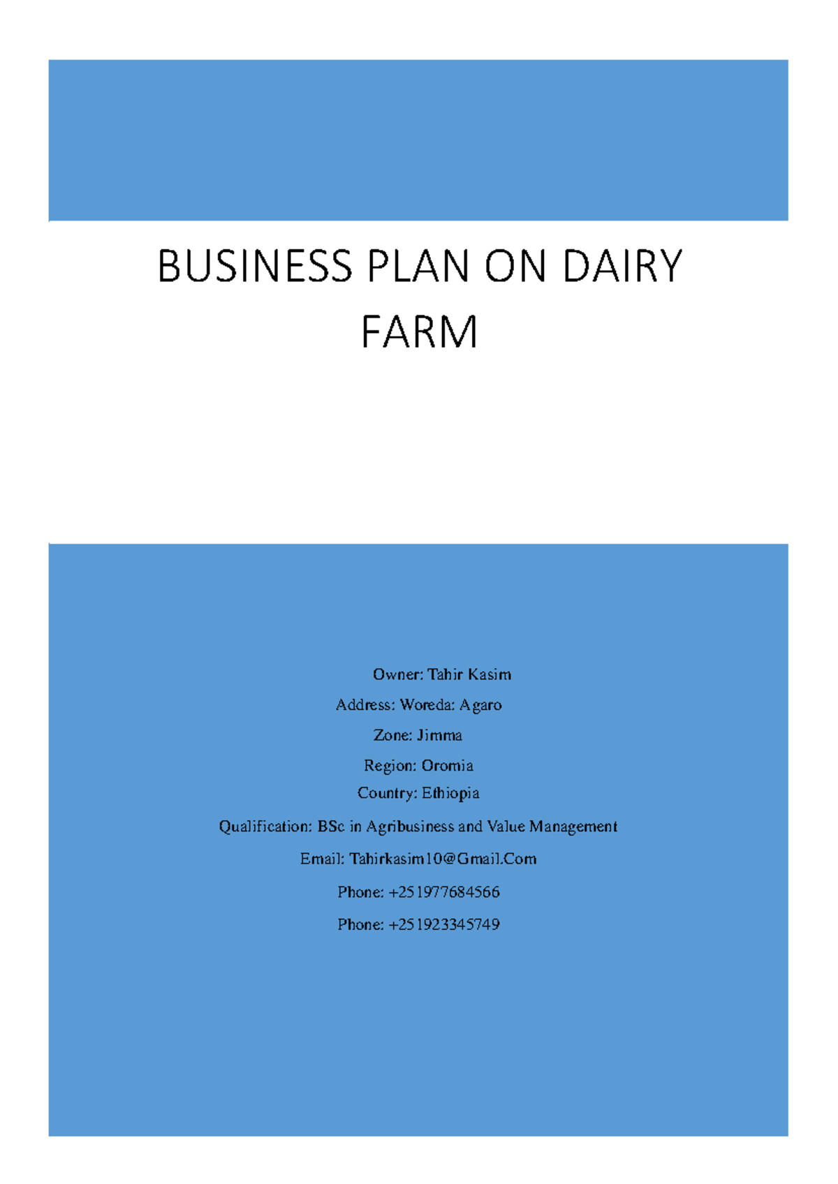 Dairy Farming Business Plan Proposal - BSc in Agribusiness - Studocu